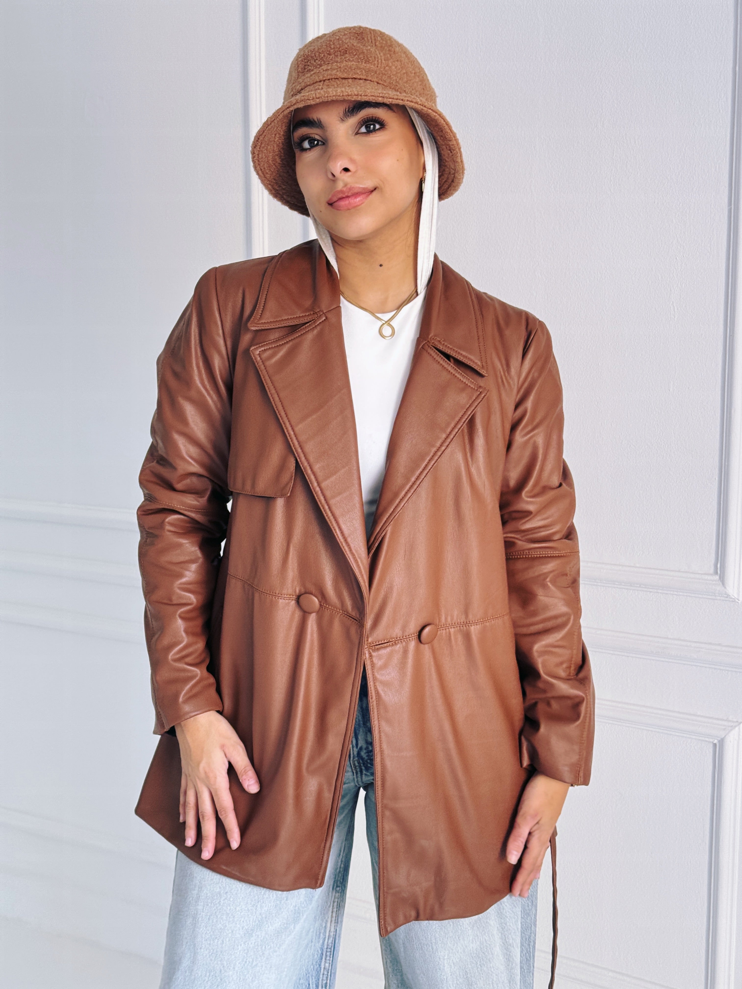 Faux Leather Coat in Camel – Safa ghaly
