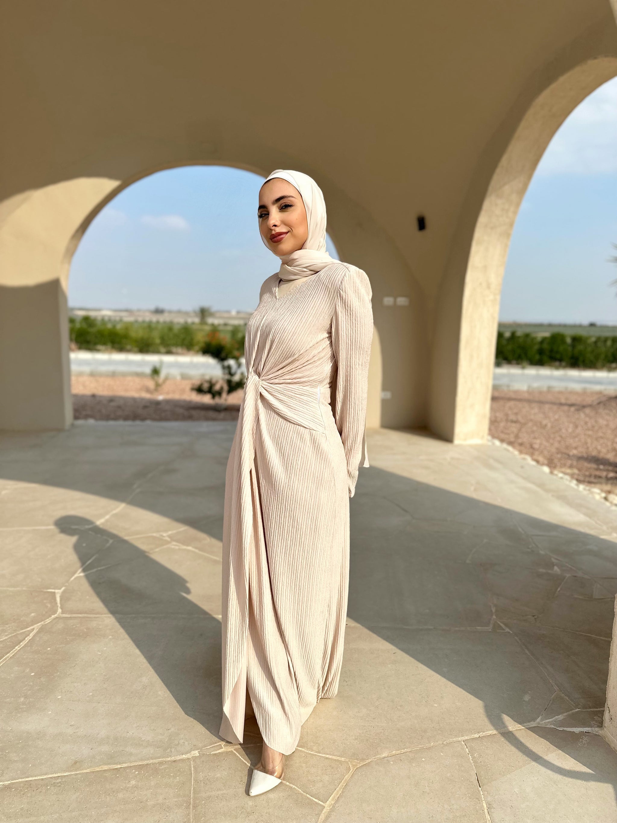 twisted knot maxi dress in beige – Safa ghaly