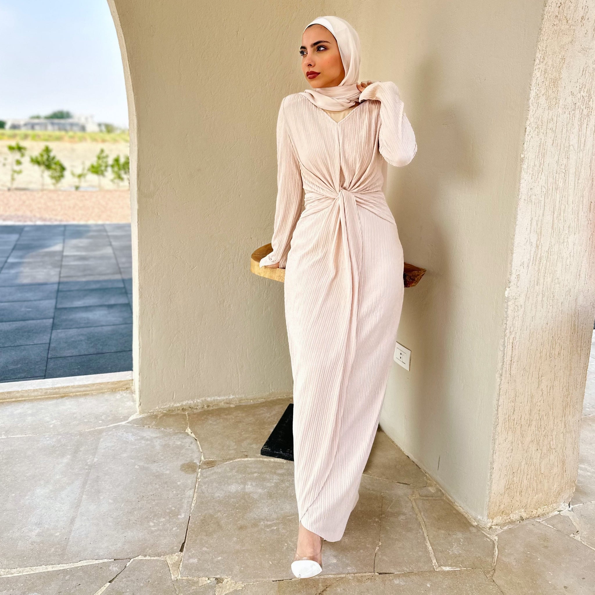 twisted knot maxi dress in beige – Safa ghaly